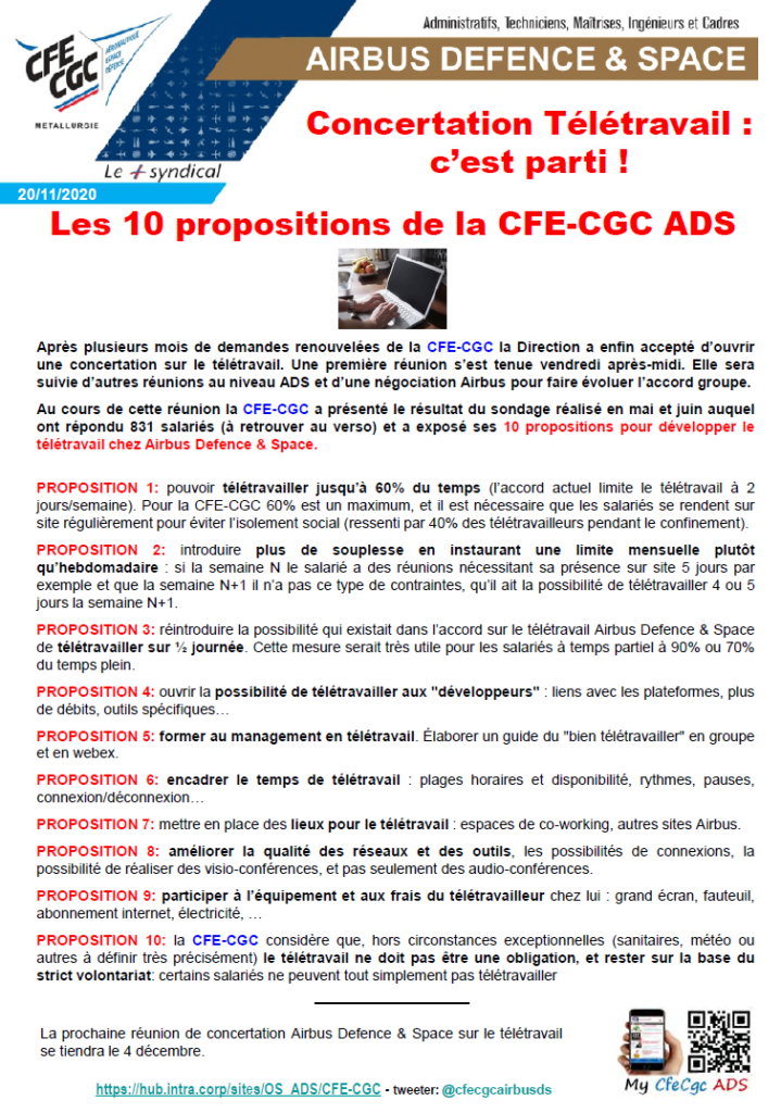 Télétravail: les 10 propositions de la CFE-CGC ADS – CFE-CGC Airbus Defence & Space