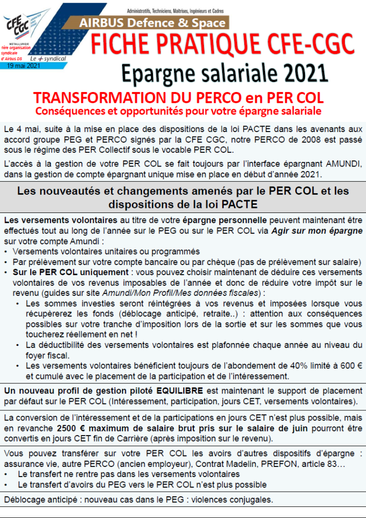 Transformation PERCO en PERCOL – CFE-CGC Airbus Defence & Space